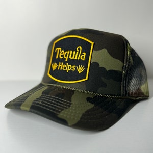 Tequila Helps Black & Yellow Trucker Hat, Funny Hat, Rope Hat, Drinking Hat, Hunting Hat ...