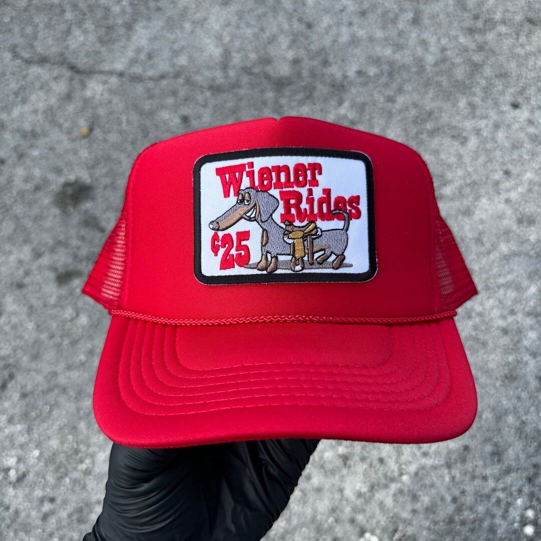 Wiener Rides Red Trucker Hat, Retro Rope Hat, Mesh Back Snapback, High ...