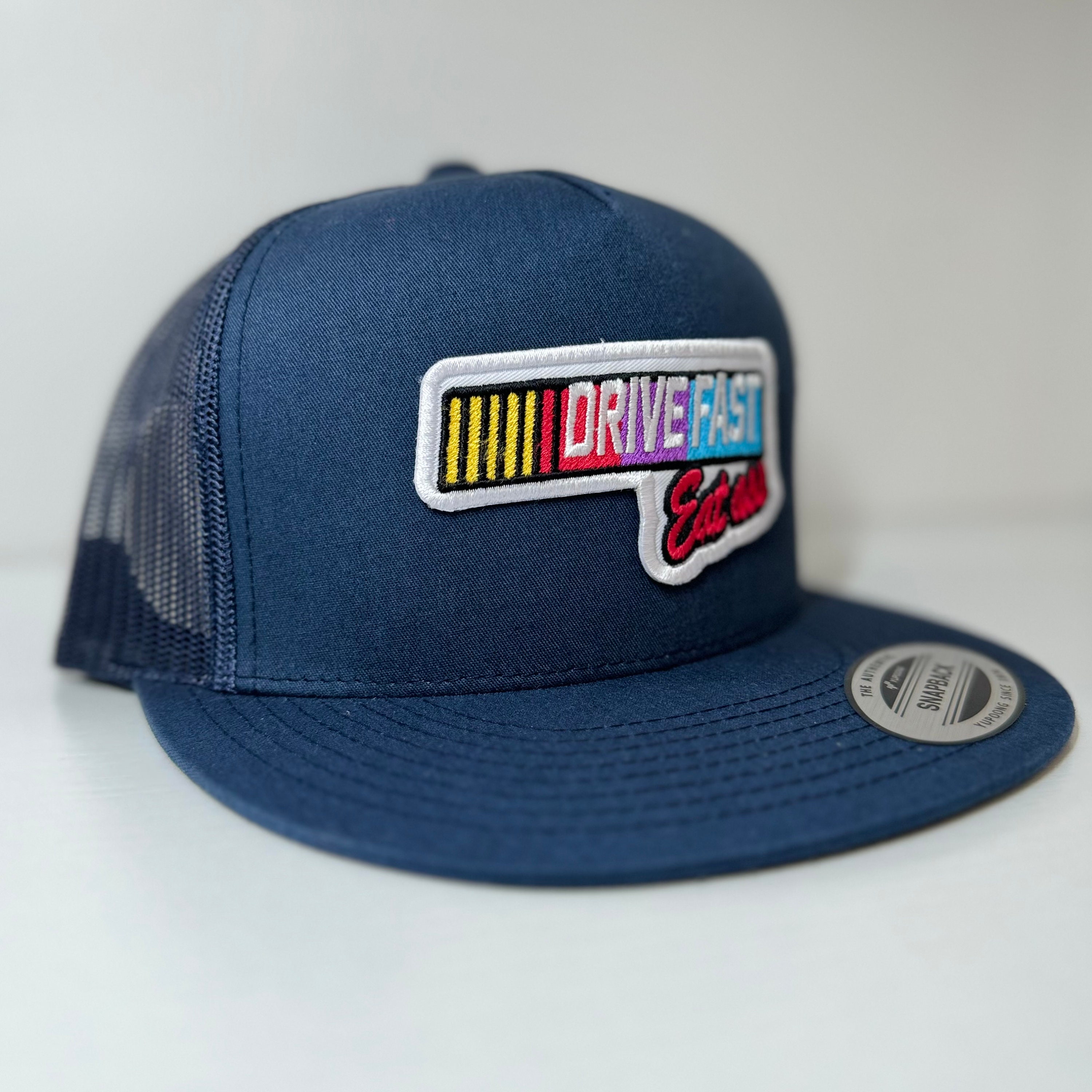 Drive Fast Eat A White Trucker Hat, Retro Snapback, Funny Hat, Racing ...