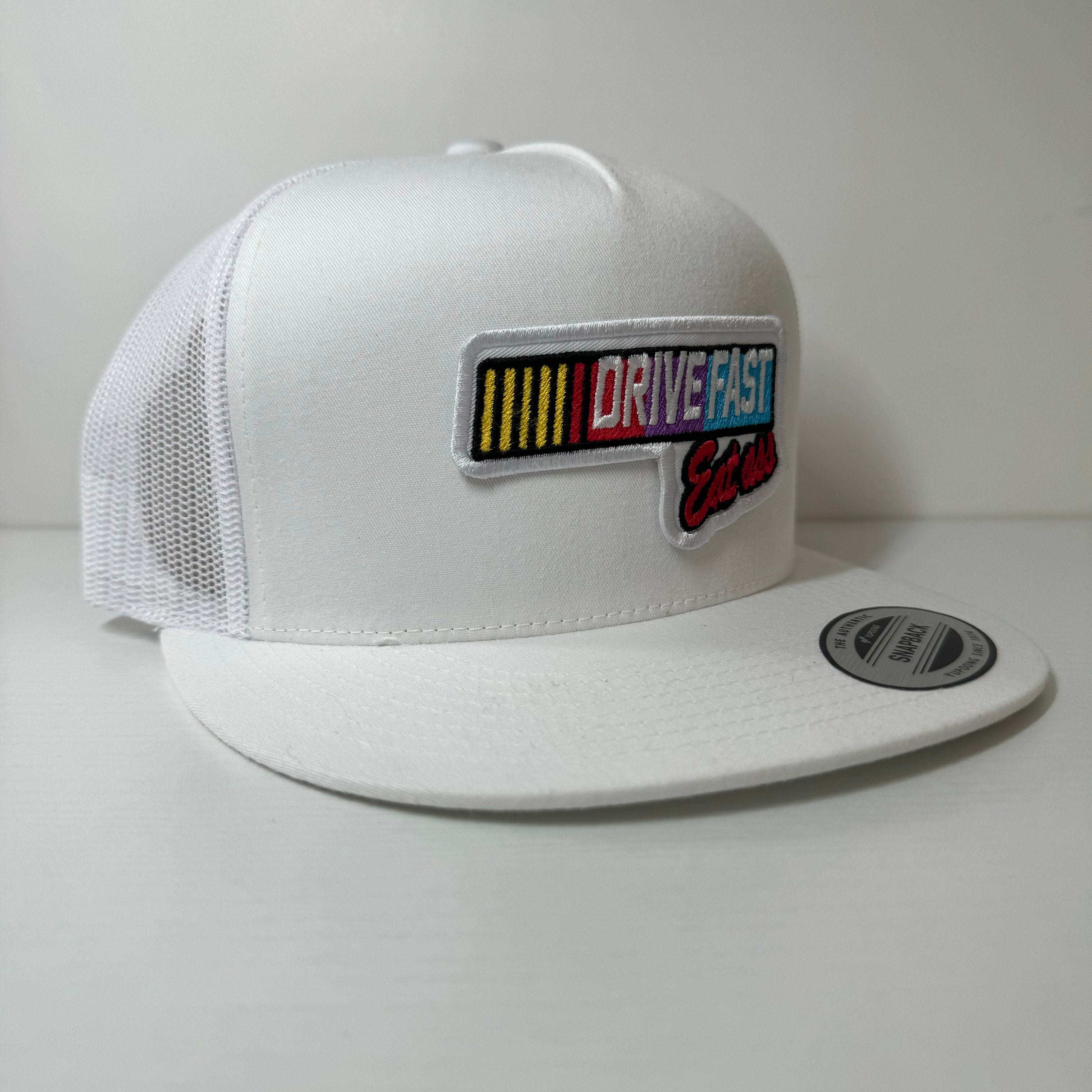Drive Fast Eat A White Trucker Hat, Retro Snapback, Funny Hat, Racing ...