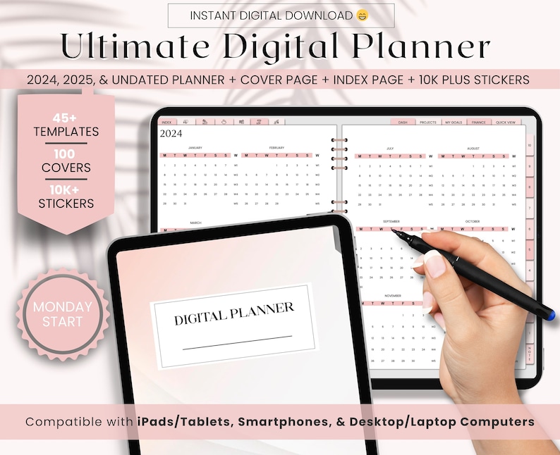 2024 & 2025 Undated Digital Planner, Hyperlinked Planners, Pink Digital ...