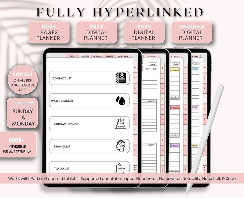 2024 & 2025 Undated Digital Planner, Hyperlinked Planners, Pink Digital ...