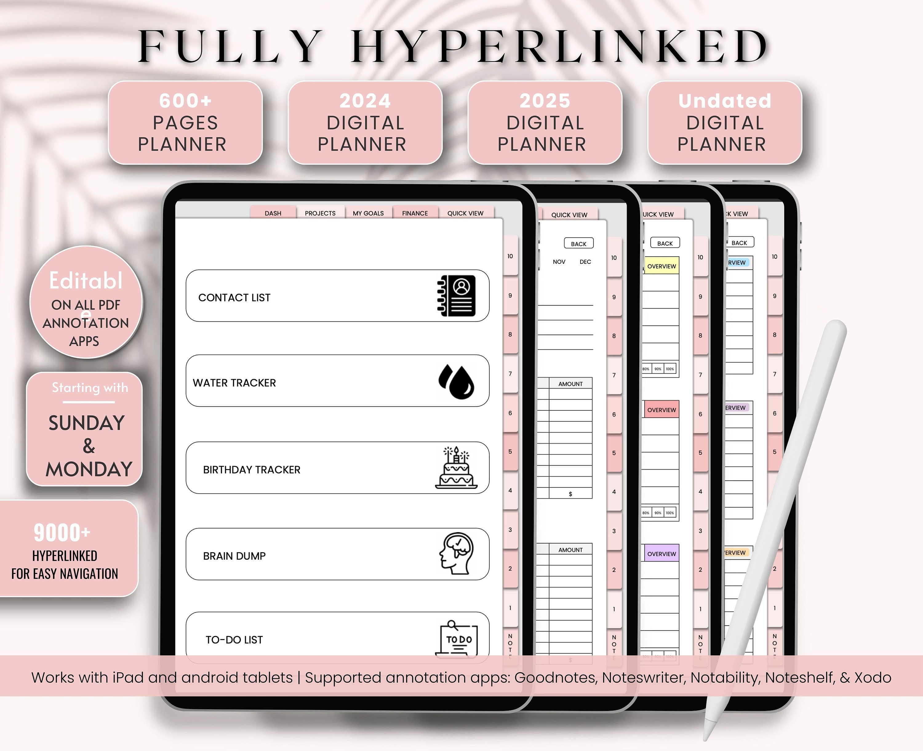 2024 & 2025 Undated Digital Planner, Hyperlinked Planners, Pink Digital ...