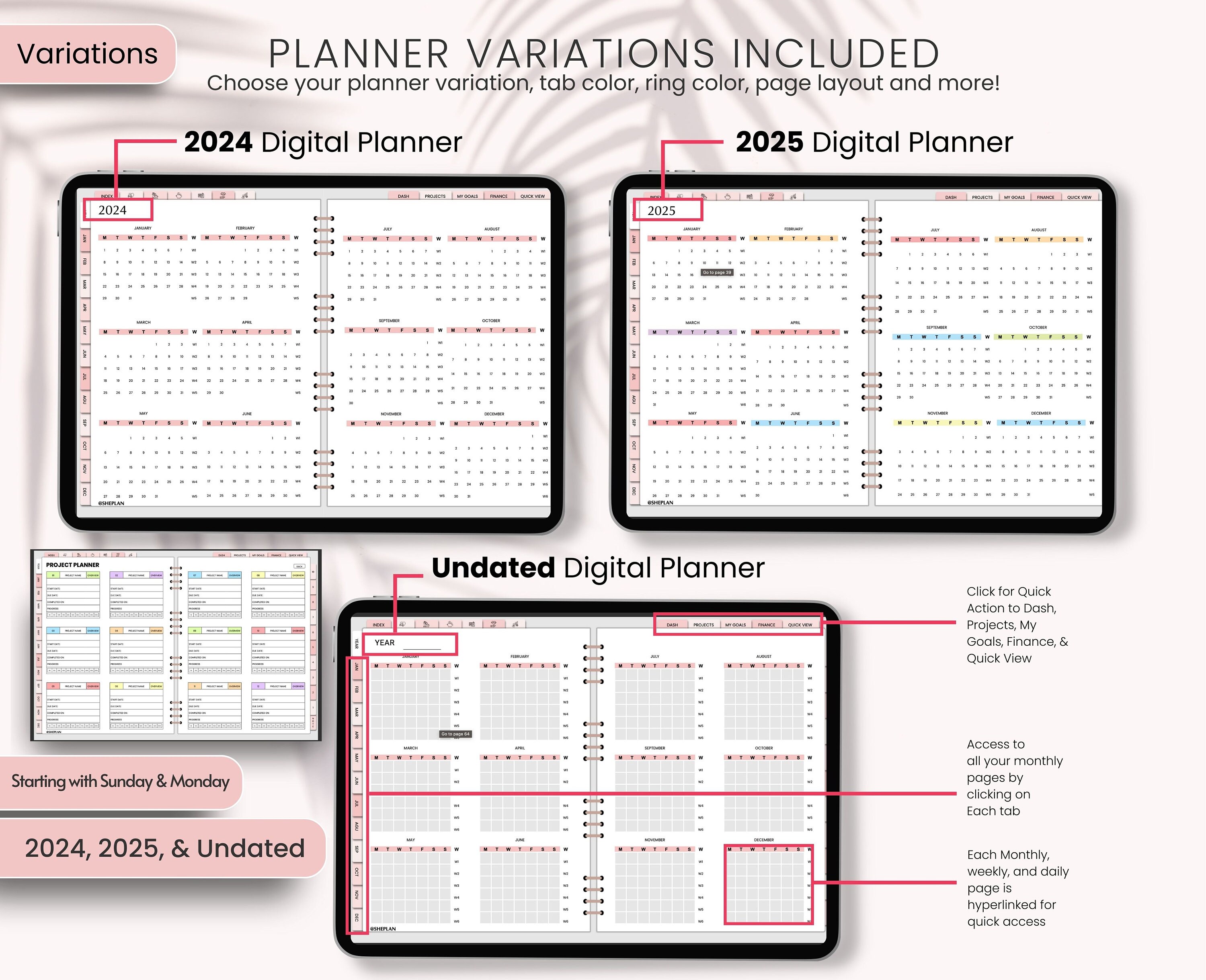 2024 & 2025 Undated Digital Planner, Hyperlinked Planners, Pink Digital ...