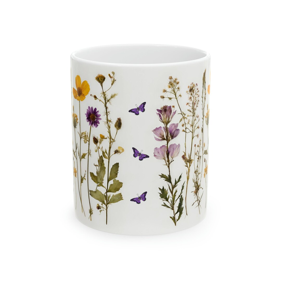 Pressed Wildflowers Coffee Mug, Dancing Butterflies, Summer/spring Mug ...