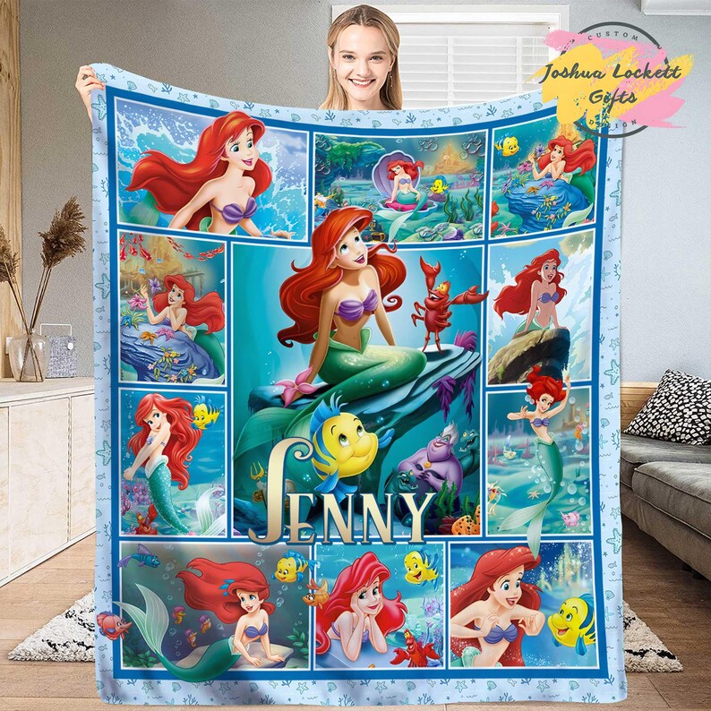 Personalized the Little Mermaid Throw Blanket, Custom Name Ariel Princess Quilt Blanket, Little ...