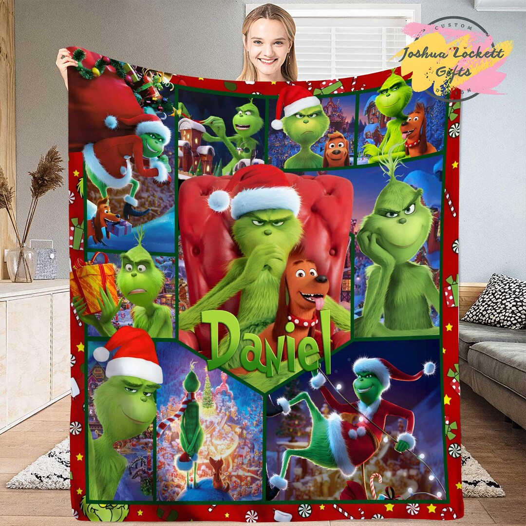 Personalized the Grinch Throw Blanket, Custom Name Grinch Quilt Blanket ...