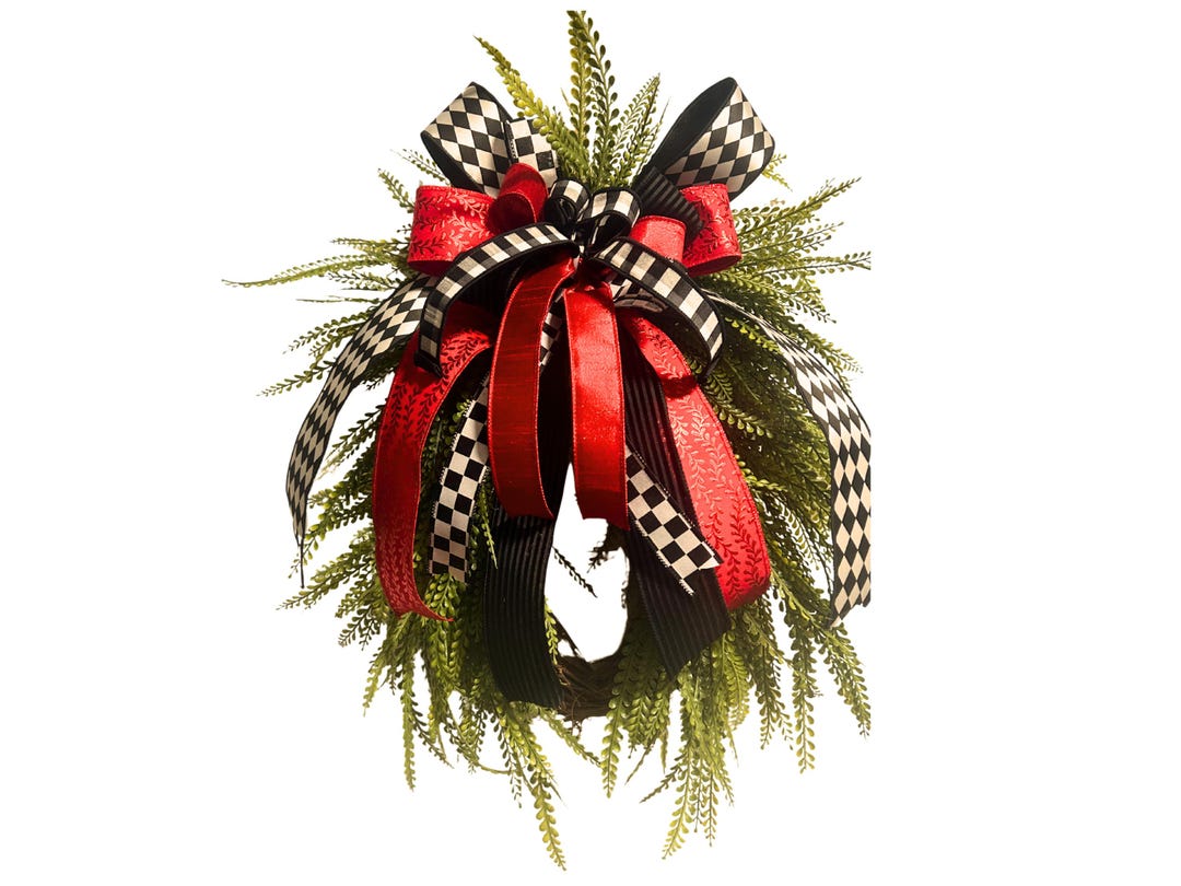 Race Car Wreath Front Door Decor, Red Black Checkered Flag Ribbon ...