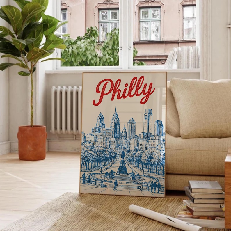Red Blue Philadelphia Poster, Philly Skyline Digital Print ...