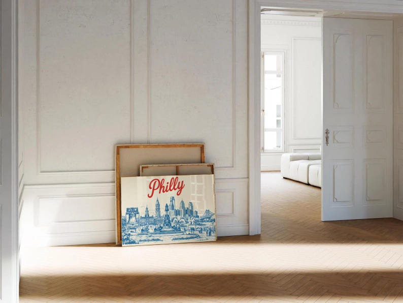 Red Blue Philadelphia Poster, Philly Skyline Digital Print ...