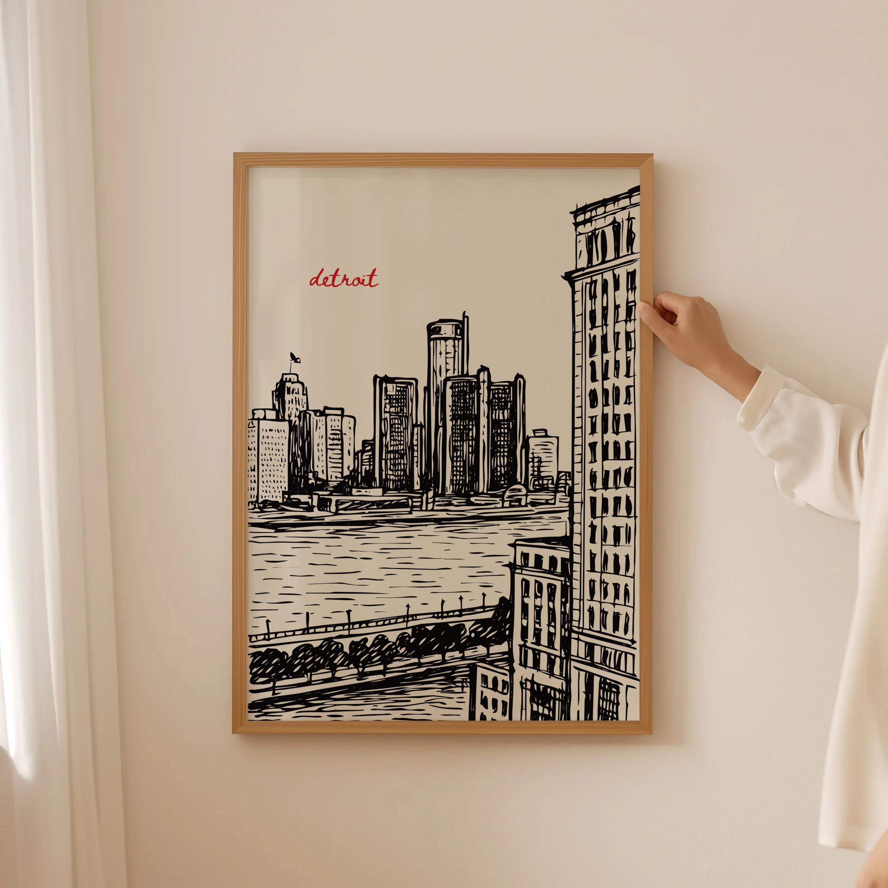 Detroit Poster, Detroit Skyline Sketch Wall Art, Downtown Detroit ...