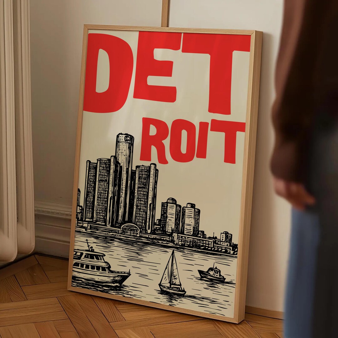 Detroit Poster, Red and Black Detroit Skyline Print, Industrial Wall ...