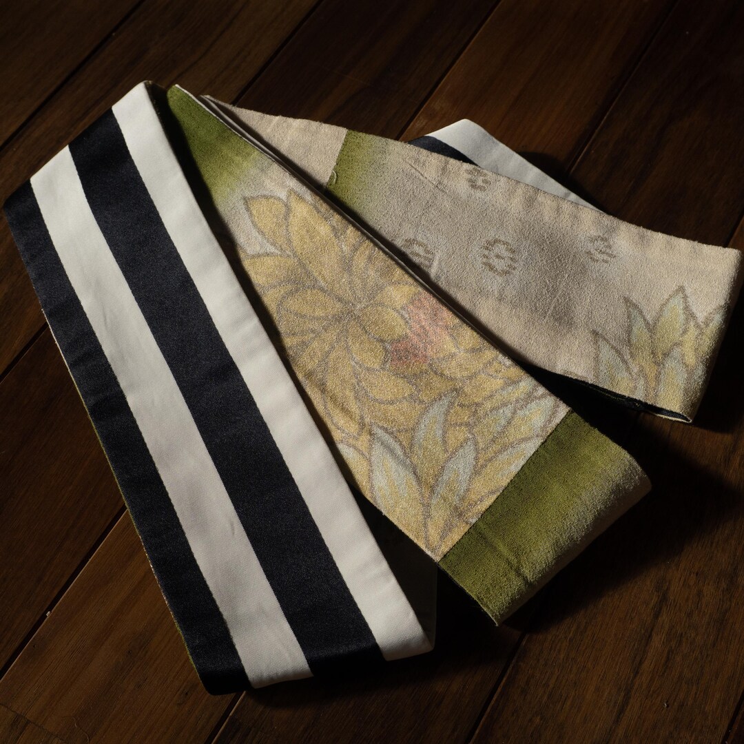 Vintage Men’s Kaku Obi Reversible Black White Stripe, Olive Green ...