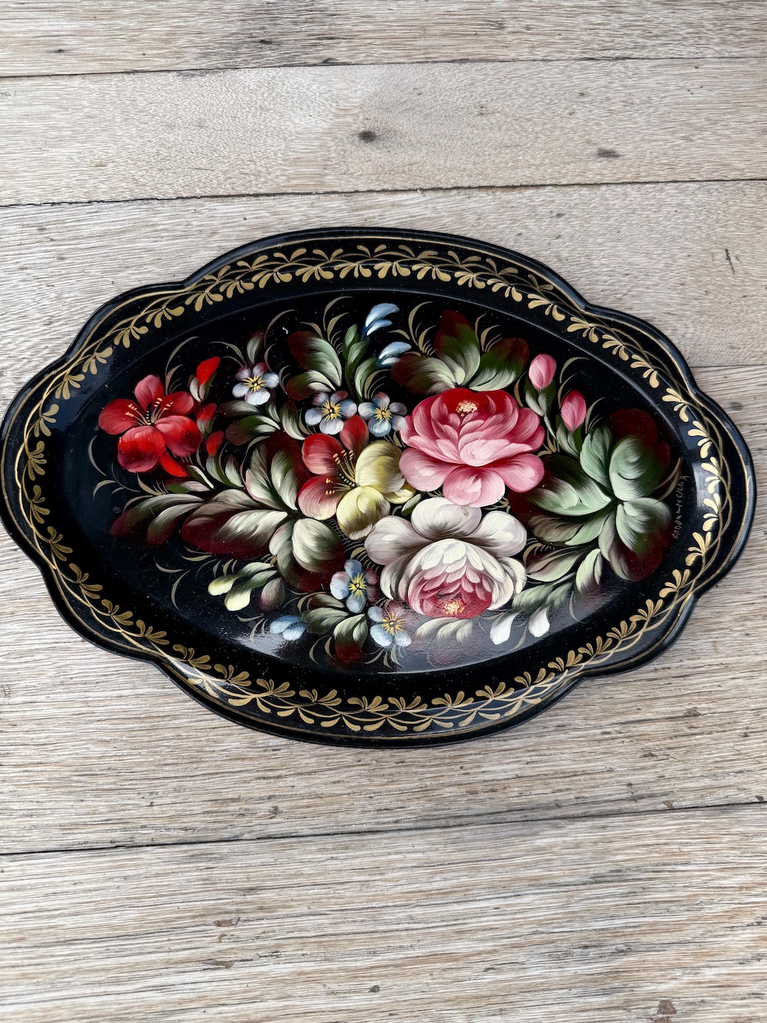 Vintage Hand Painted Toleware Russian Metal Tray | Floral Design ...