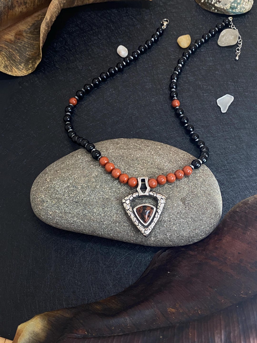 Red Jasper Necklace Black Obsidian Necklace Steel Pendant Necklace ...