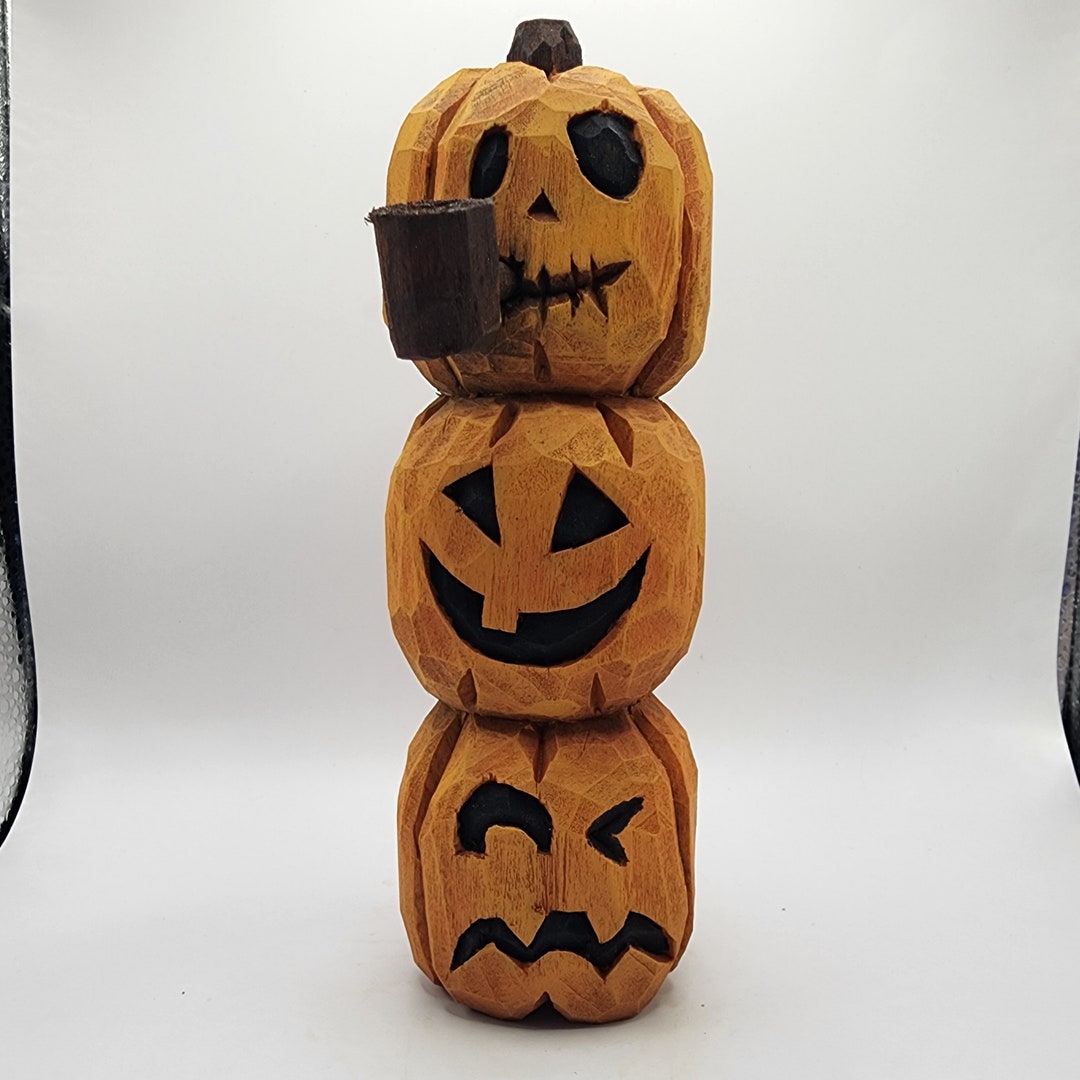 Hand Carved Jack O'lantern Stack, Spooky, Wood Carving, Halloween Gift ...