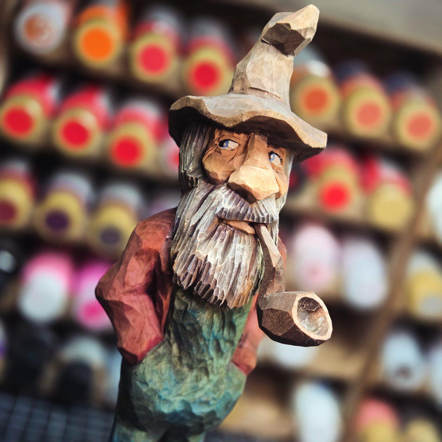 Hand Carved Hillbilly, With Tobacco Pipe. Floppy Hat & Overalls ...