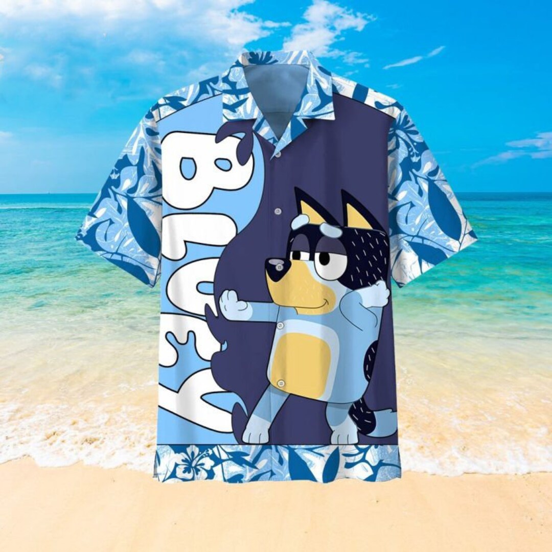 Bluey Hello Summer Button Up Camisa hawaiana, Camisa familiar de perro ...