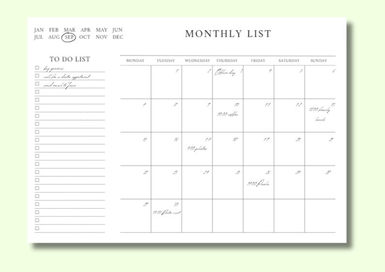 Undated Monthly Planner Printable Landscape, Monday & Sunday Start, Ink ...