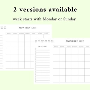 Undated Monthly Planner Printable Landscape, Monday & Sunday Start, Ink ...