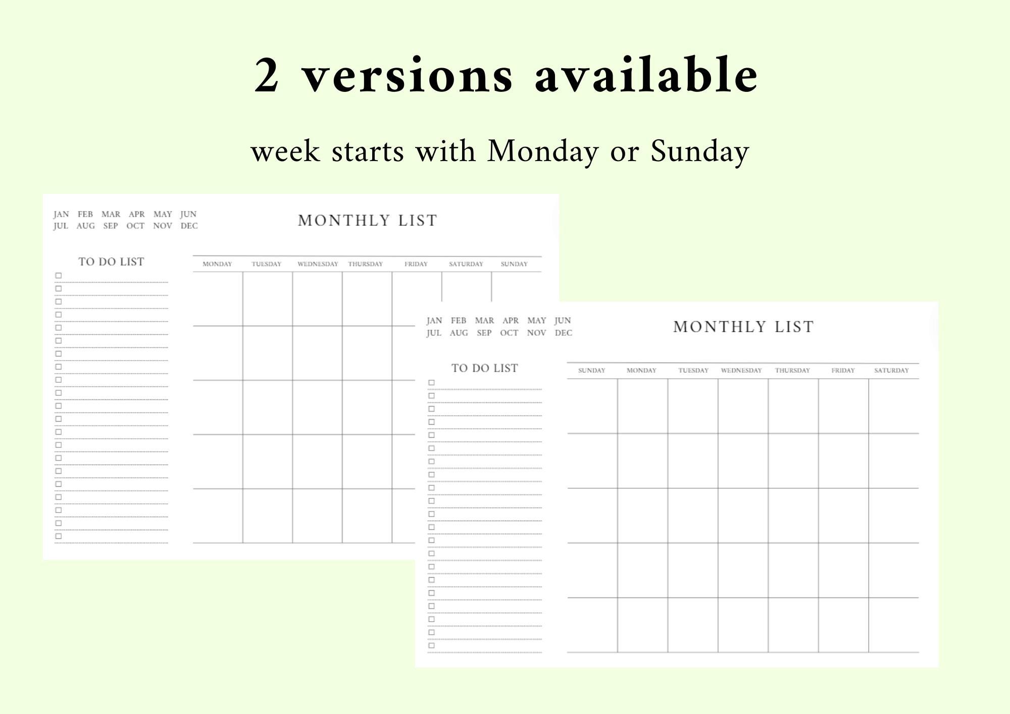 Undated Monthly Planner Printable Landscape, Monday & Sunday Start, Ink ...