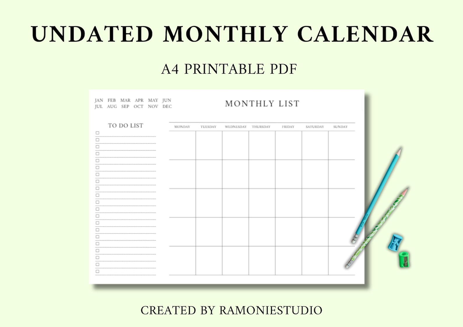 Undated Monthly Planner Printable Landscape, Monday & Sunday Start, Ink ...