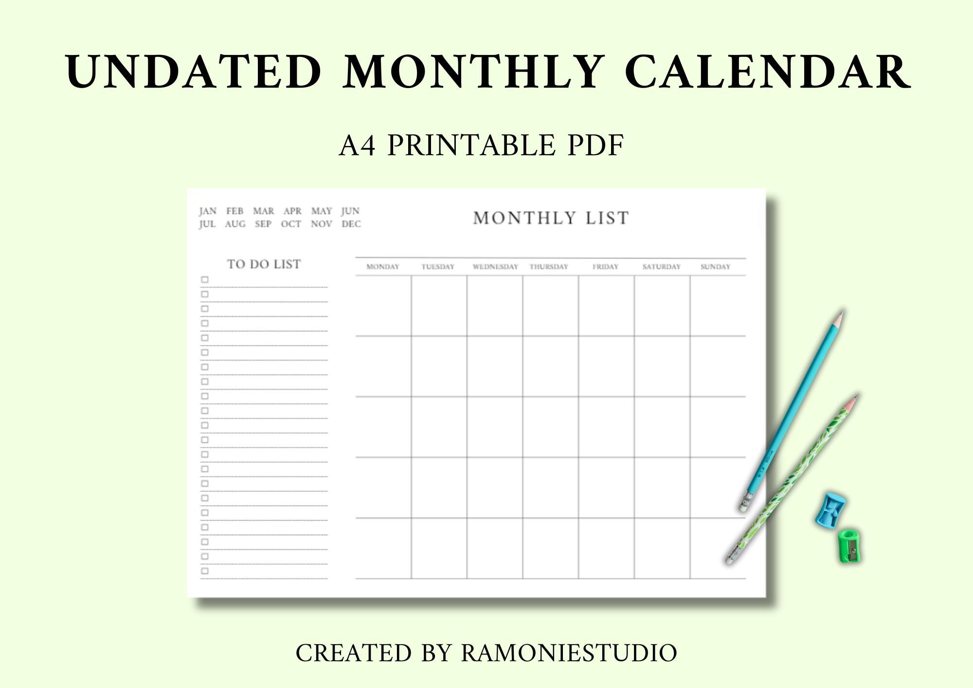 Undated Monthly Planner Printable Landscape, Monday & Sunday Start, Ink ...