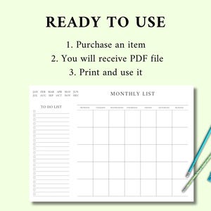 Undated Monthly Planner Printable Landscape, Monday & Sunday Start, Ink ...
