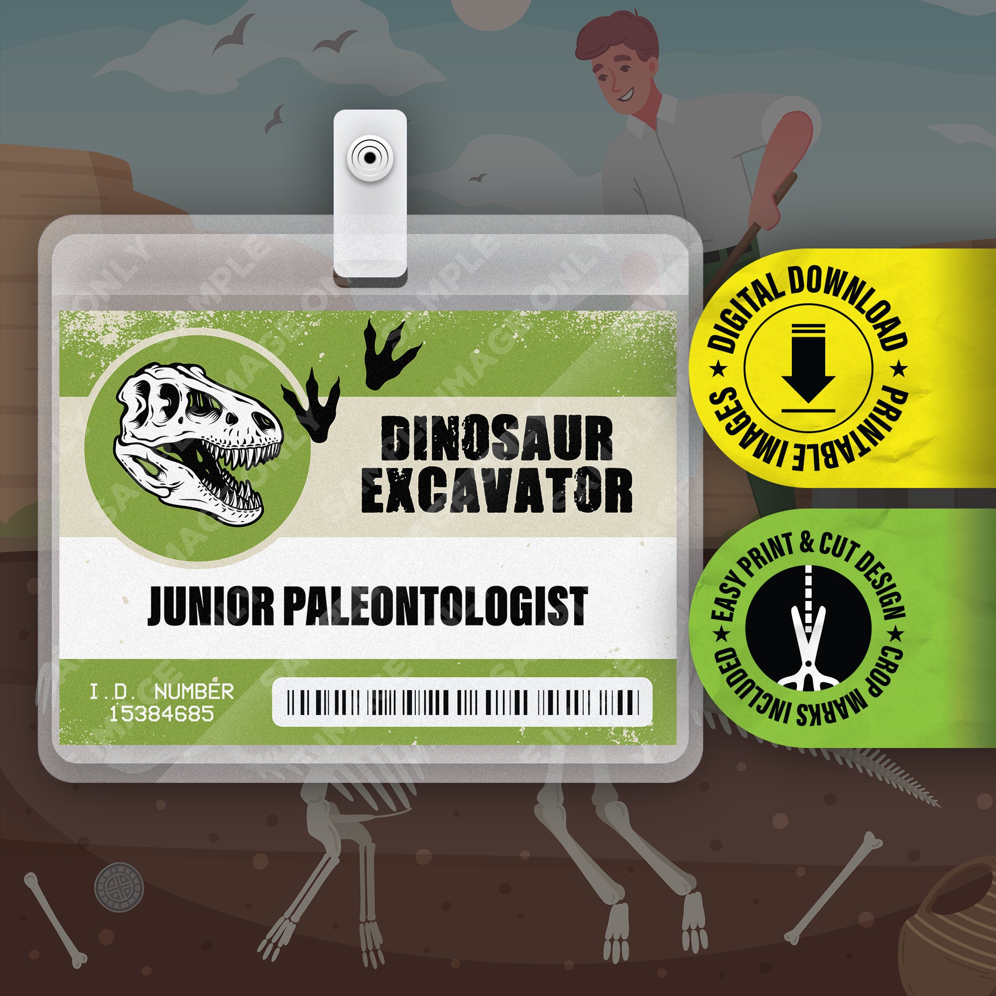 Printable PDF Kids Career Day Dinosaur Junior Paleontologist ID Badge ...