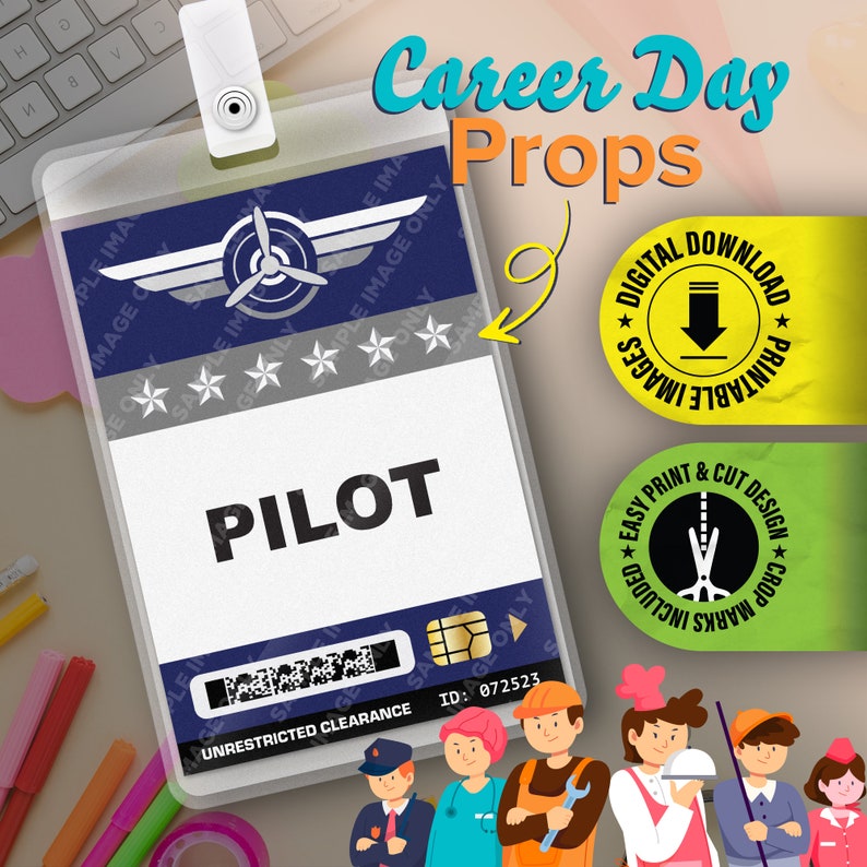 Printable PDF Kids School Career Day Aviation Pilot ID Badge Flying ...