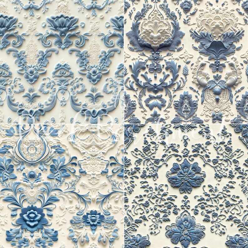 Dusty Blue Lace Embroidery Digital Paper Set Vintage Lace Seamless ...