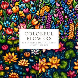 Colorful Flowers Seamless Digital Paper Vibrant Floral Design Pattern ...