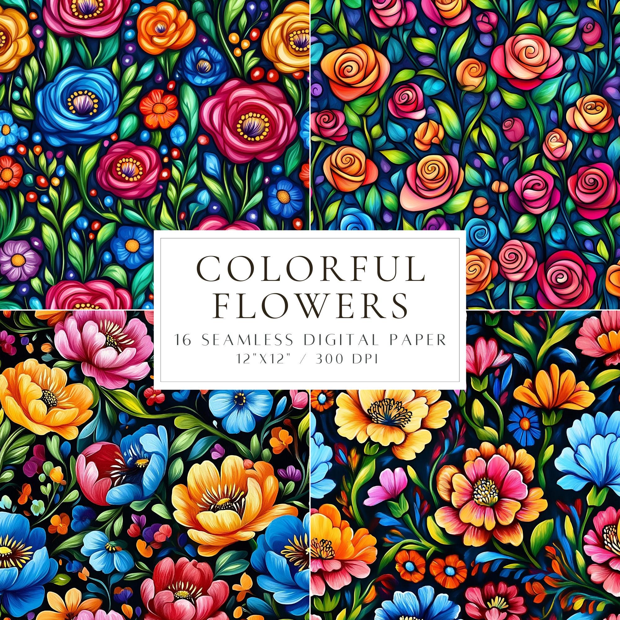 Colorful Flowers Seamless Digital Paper Vibrant Floral Design Pattern ...
