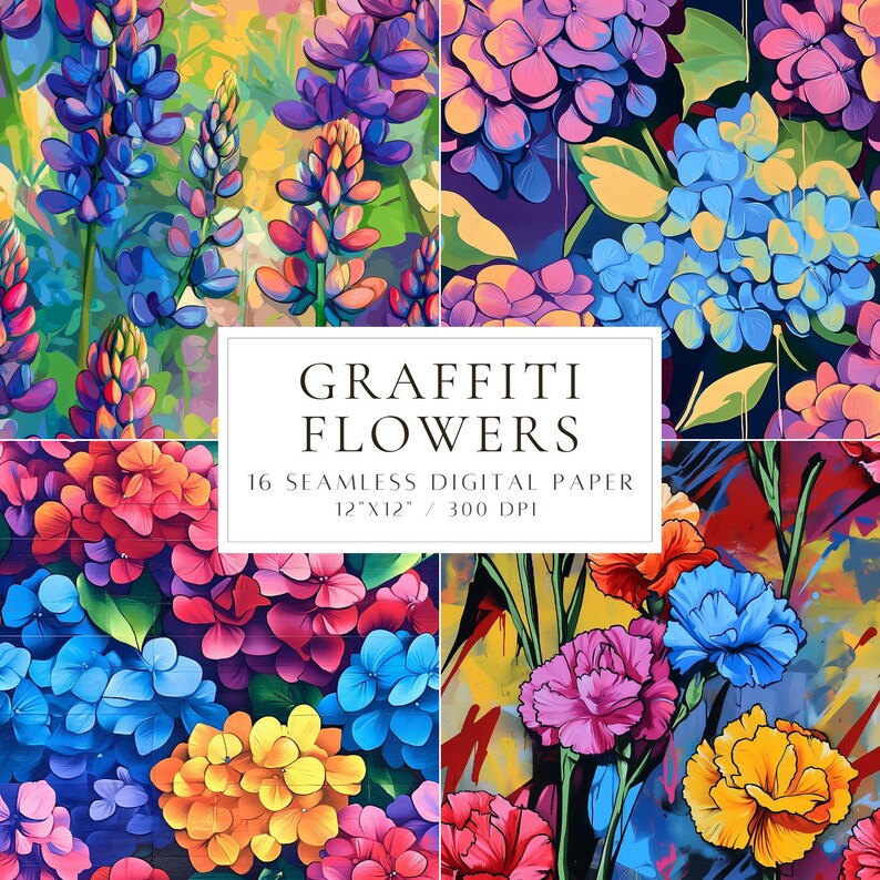 Graffiti Flowers Seamless Digital Paper Bold Floral Street Art Design ...