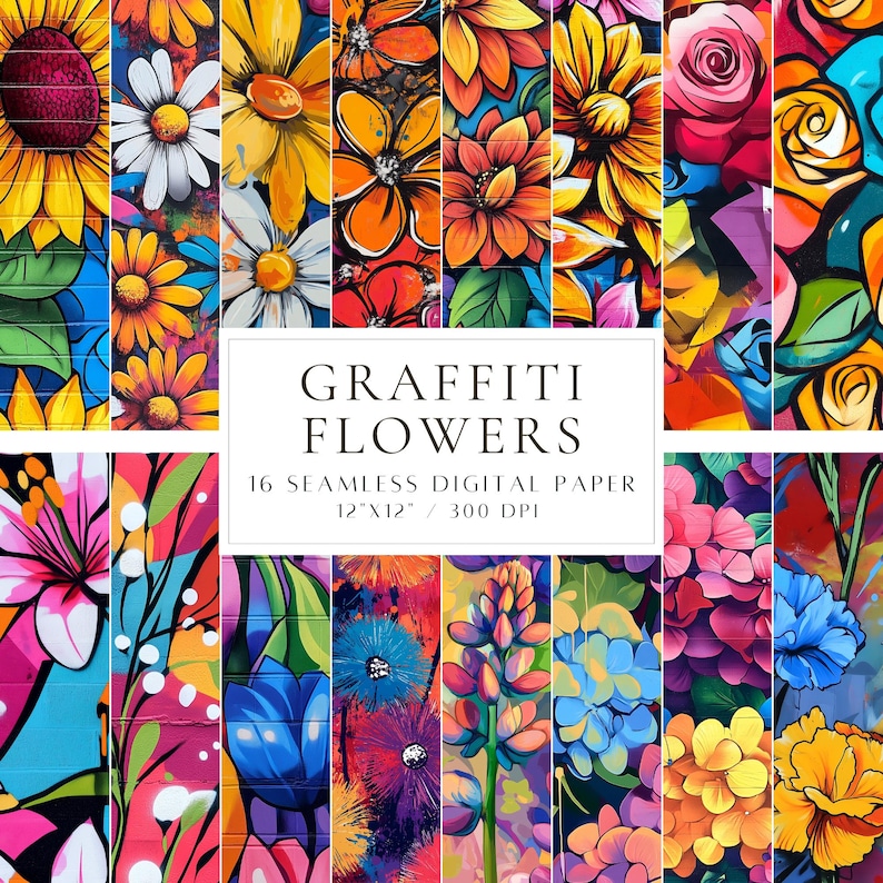 Graffiti Flowers Seamless Digital Paper Bold Floral Street Art Design ...
