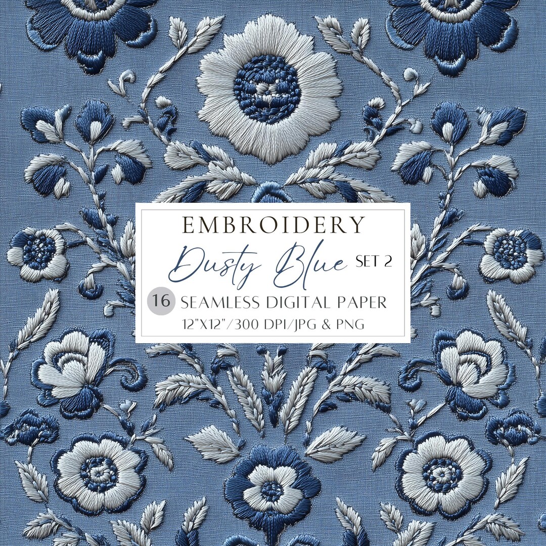 Dusty Blue Embroidery Design Patterns Floral Seamless Digital Paper for ...