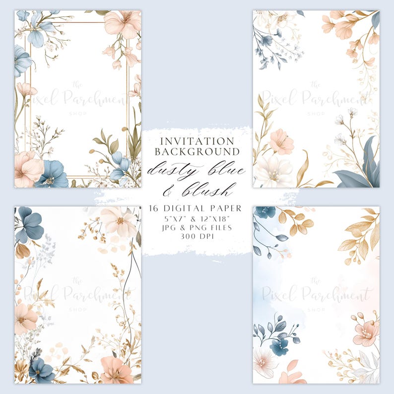 Wedding Digital Paper Dusty Blue Wedding Invitation Background Floral ...
