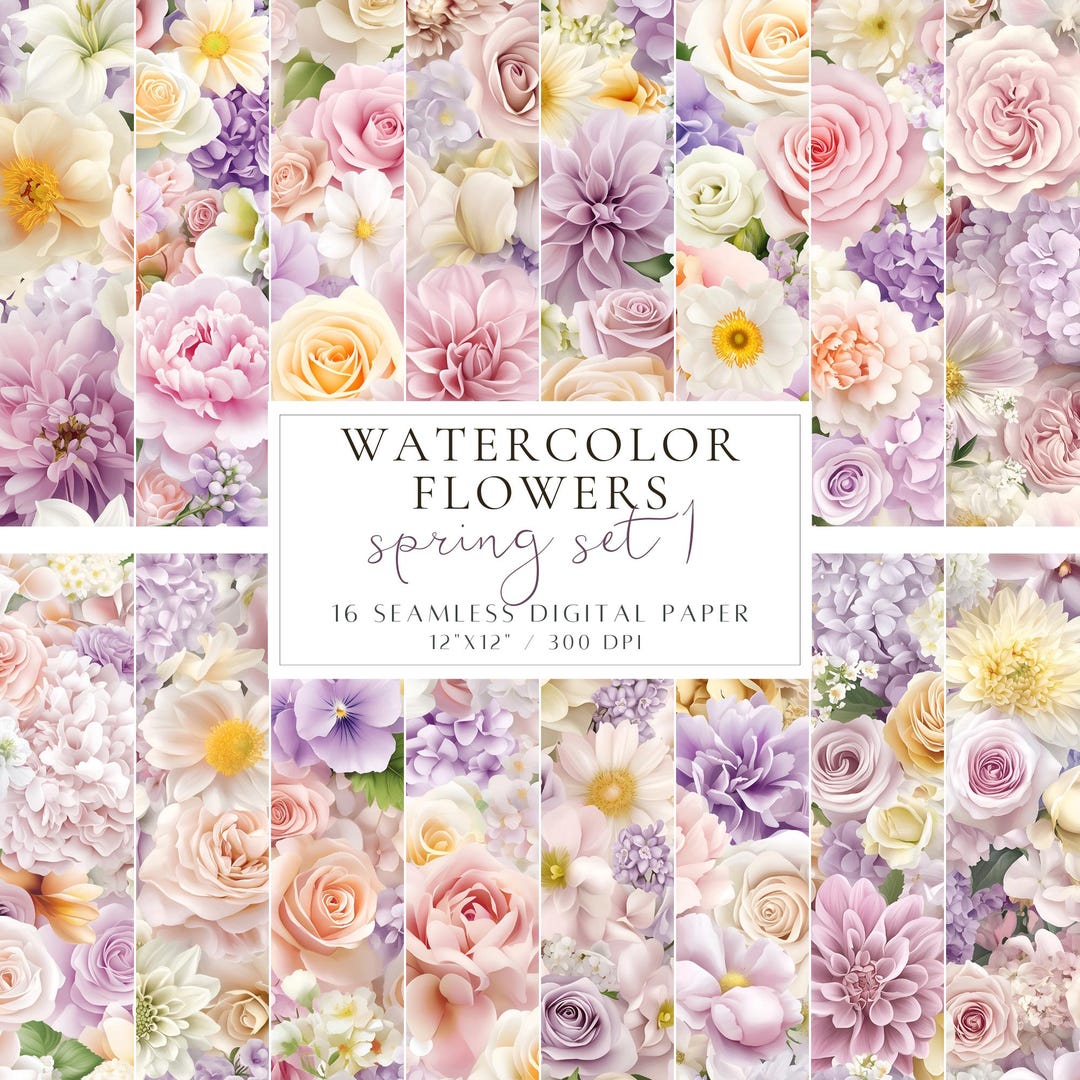 Spring Flower Digital Paper Watercolor Flower Seamless Pattern Pastel ...