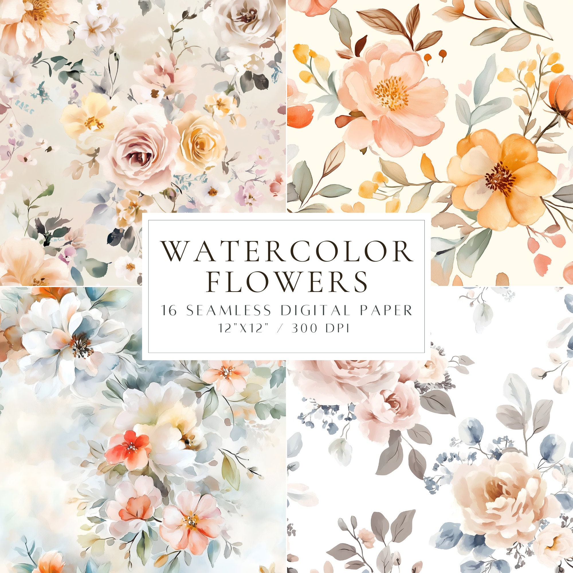 Seamless Floral Pattern Watercolor Flowers Digital Paper Pastel Floral ...