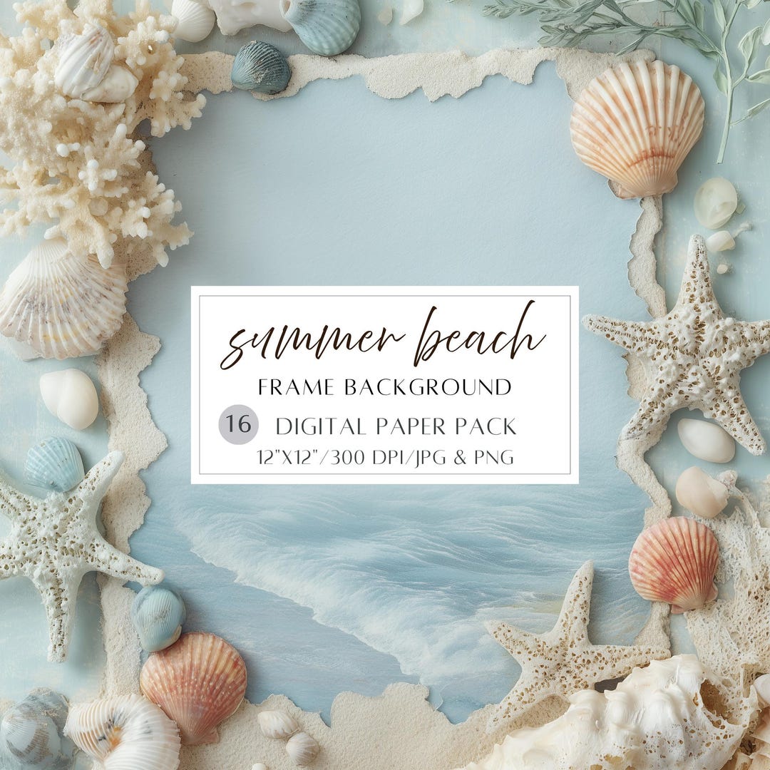 Beach Digital Paper Summer Background Seashell Starfish Frame ...