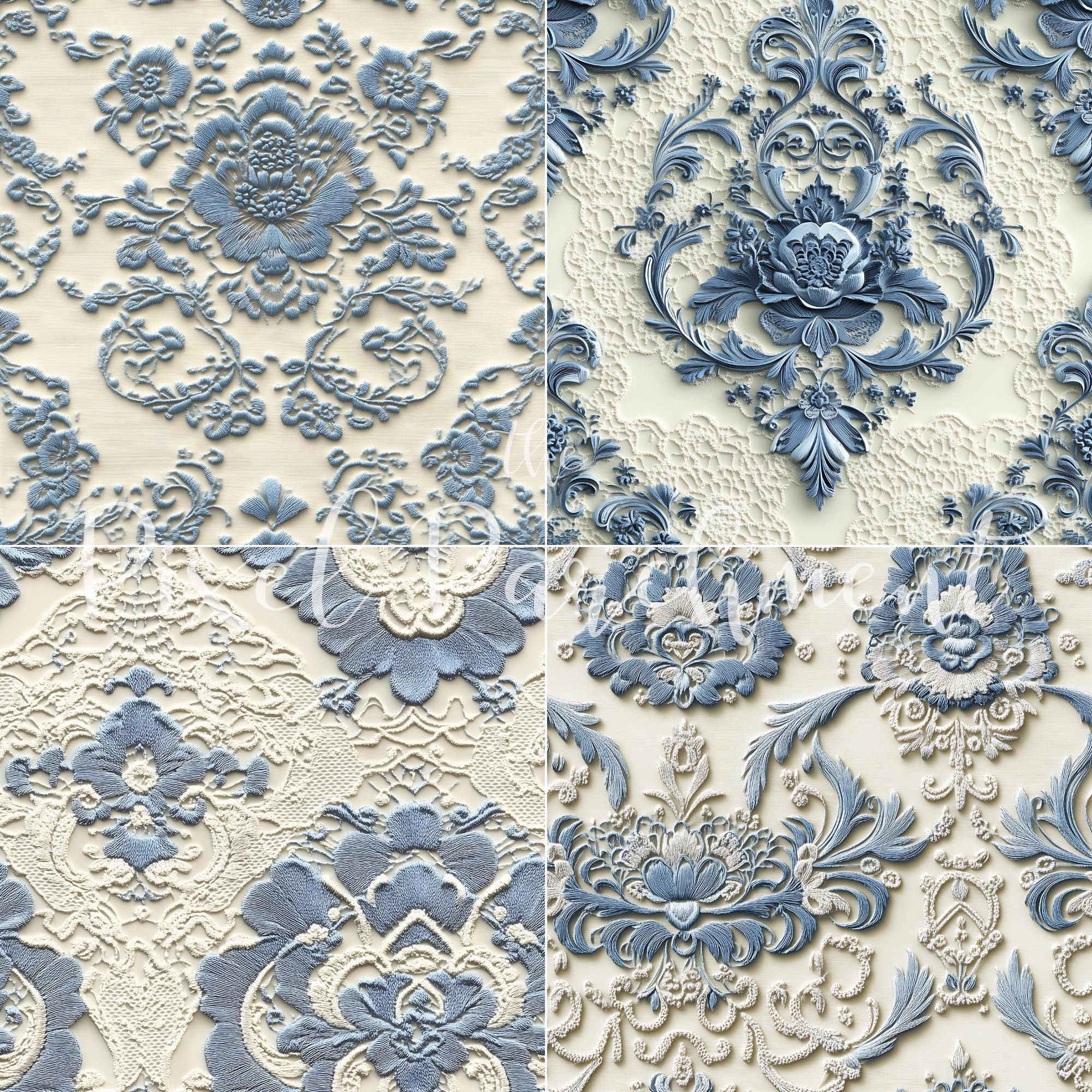 Dusty Blue Lace Embroidery Digital Paper Set Vintage Lace Seamless ...