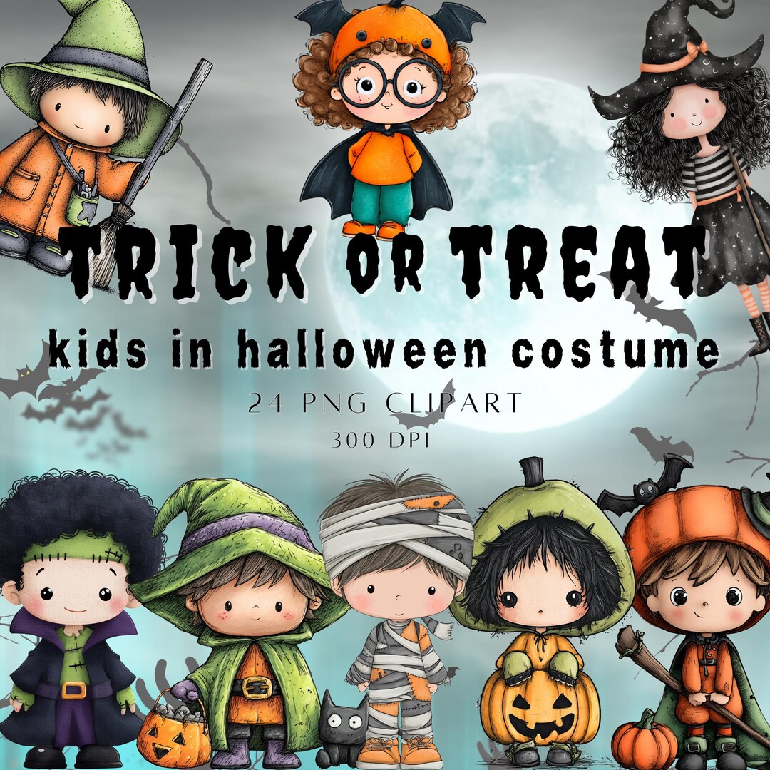 Cute Halloween Clipart Adorable Trick or Treat PNG Little Witches and ...