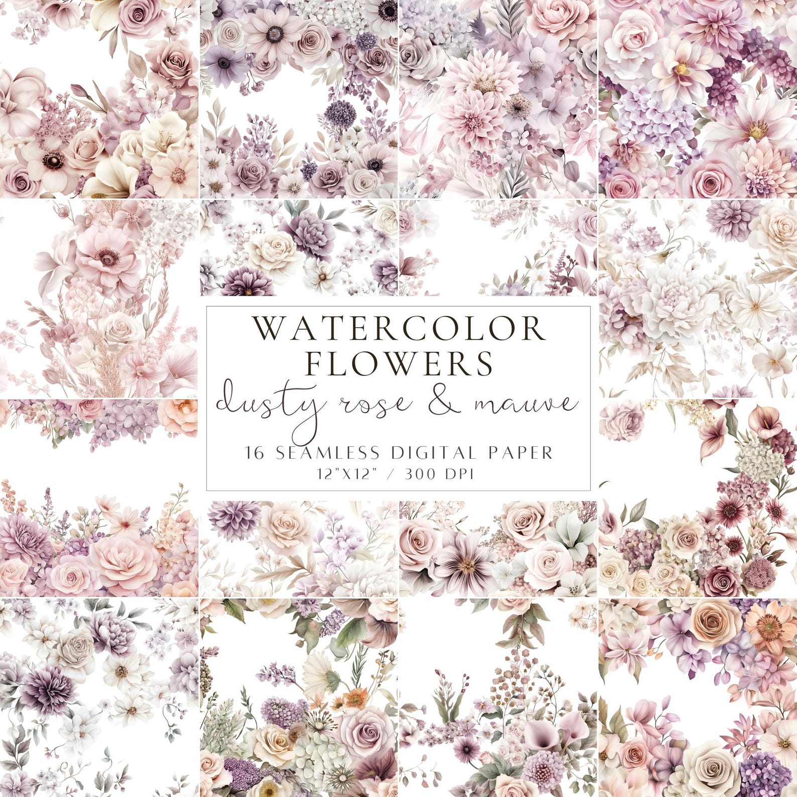 Watercolor Flower Digital Paper Dusty Rose Floral Seamless Pattern ...