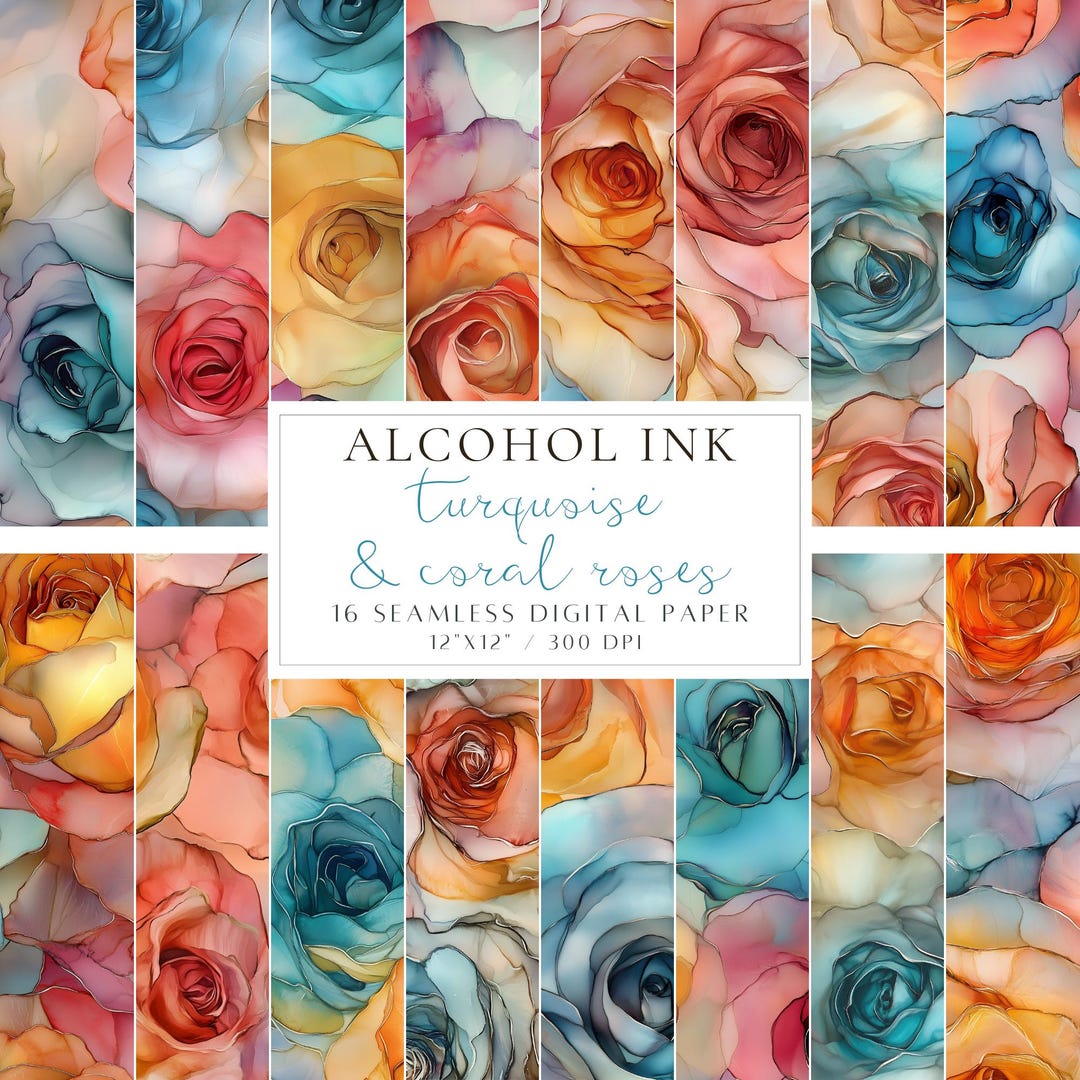 Alcohol Ink Seamless Pattern Turquoise and Coral Roses Scrapbook Paper ...