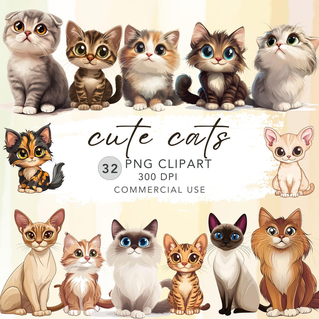 Cat Clipart Cute Cat Png Planner Stickers Watercolor Cat Illustration ...