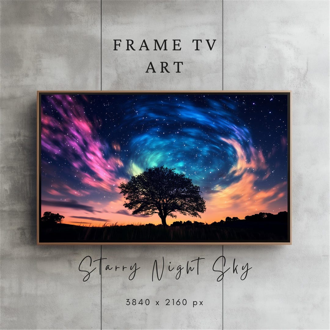 Starry Night Sky Frame TV Art Cosmic Night Sky With Tree Silhouette ...