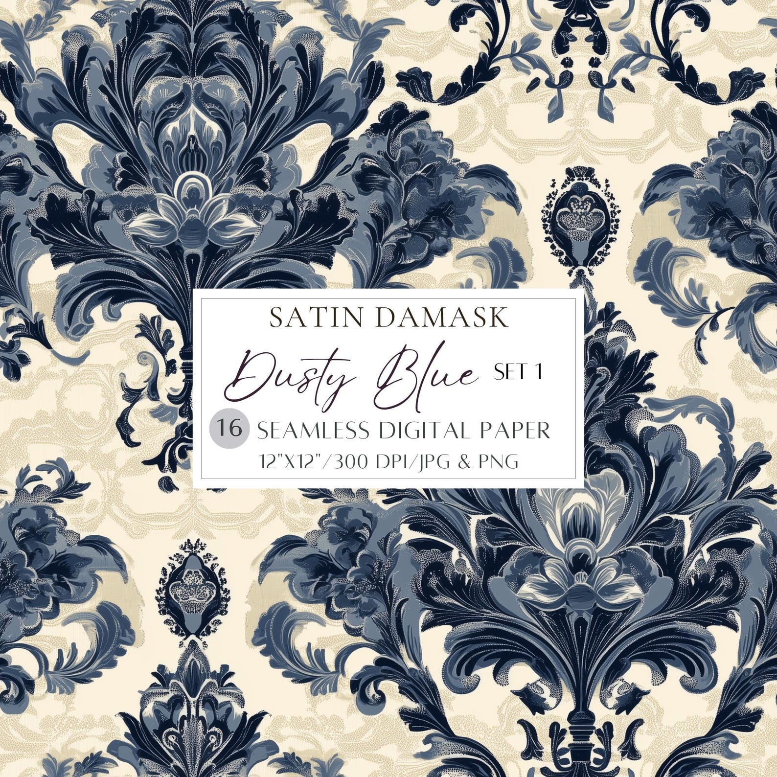 Dark Dusty Blue Satin Damask Seamless Pattern Set 1 Elegant Jacquard ...