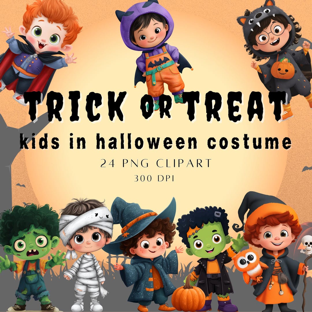 Halloween Kids Clipart Cute Trick or Treat Costume Clipart Cartoon ...