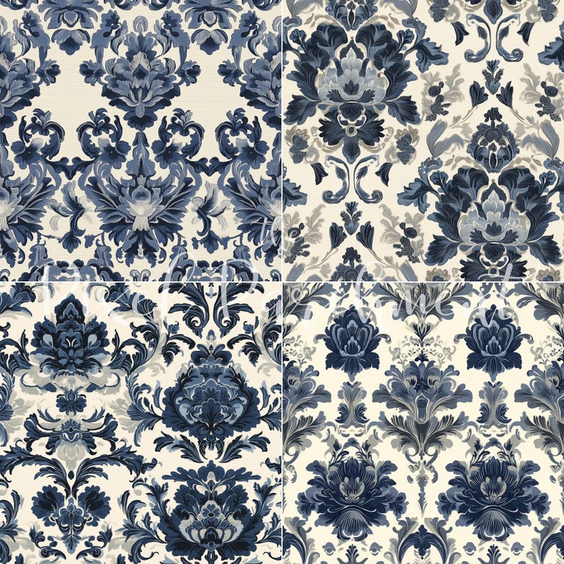 Dark Dusty Blue Satin Damask Seamless Pattern Set 1 Elegant Jacquard ...