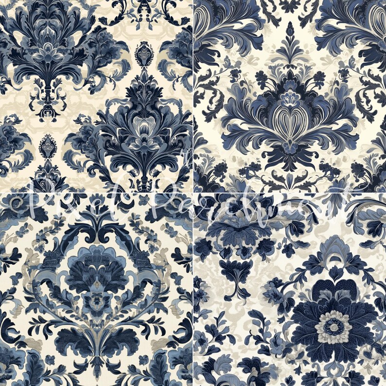 Dark Dusty Blue Satin Damask Seamless Pattern Set 1 Elegant Jacquard ...